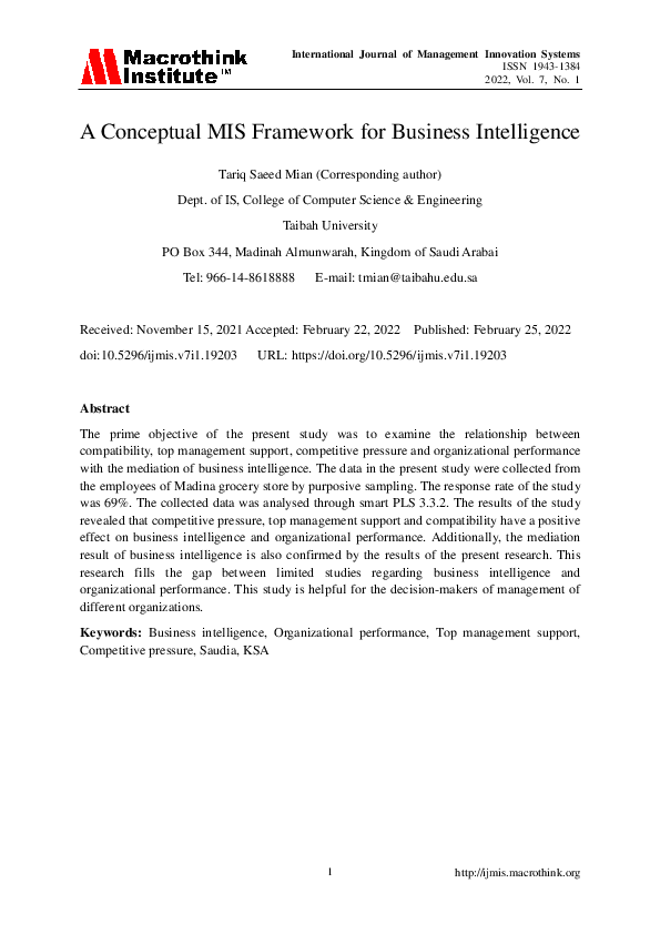 (PDF) A Conceptual MIS Framework for Business Intelligence