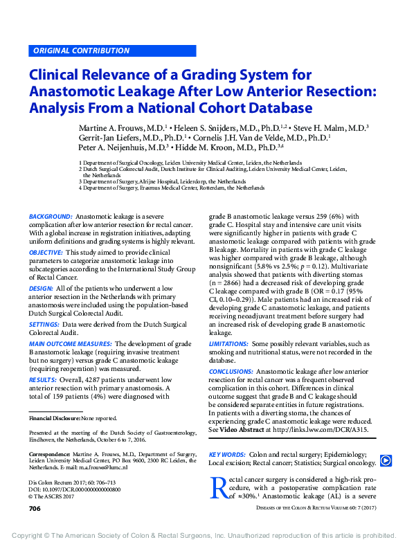 (PDF) Clinical Relevance of a Grading System for Anastomotic Leakage ...