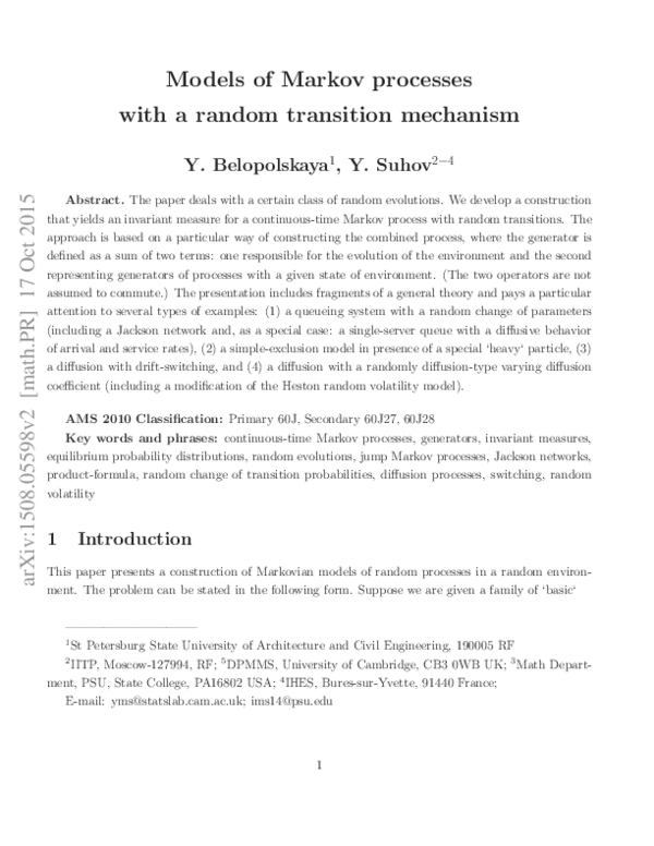 (PDF) Models of Markov processes with a random transition mechanism
