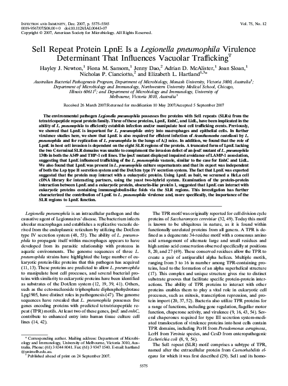 (PDF) Sel1 Repeat Protein LpnE Is a Legionella pneumophila Virulence Determinant That Influences ...
