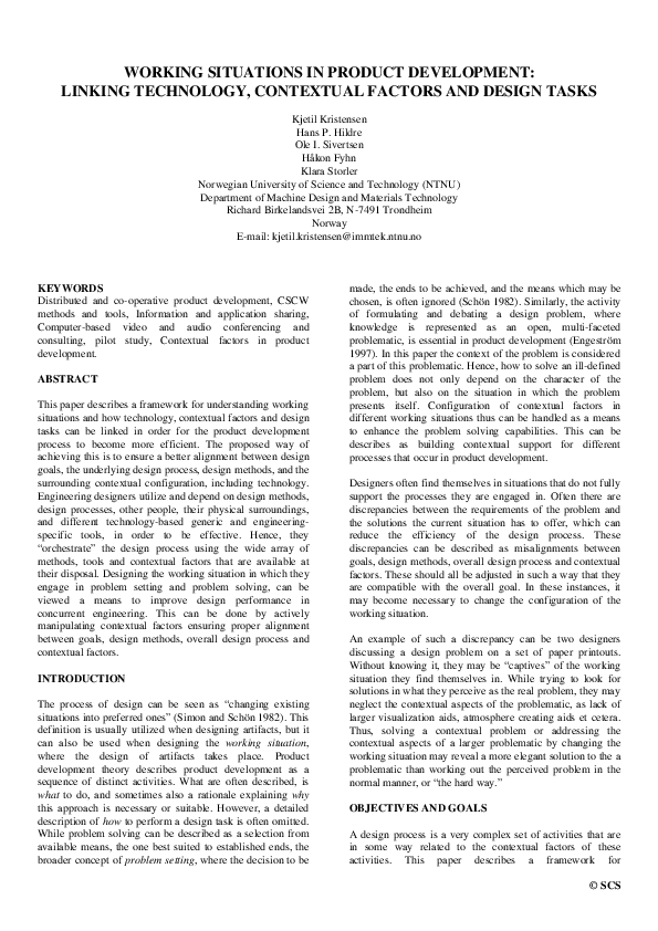 (PDF) Working Situations in Product Development: Linking Technology, Contextual Factors and ...