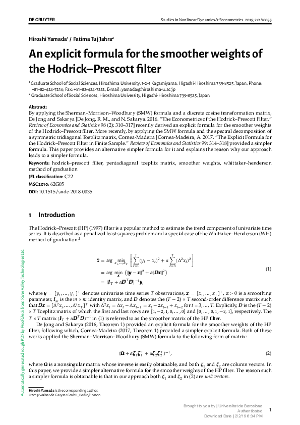 (PDF) An explicit formula for the smoother weights of the Hodrick ...
