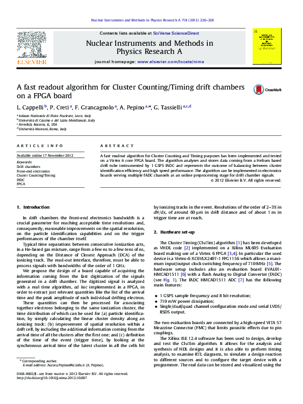 (PDF) A fast readout algorithm for Cluster Counting/Timing drift chambers on a FPGA board