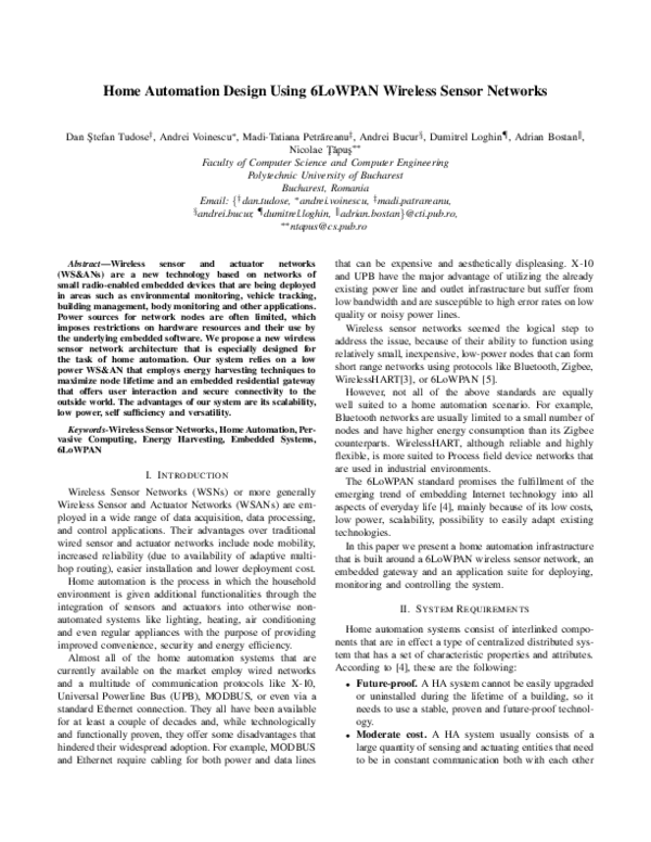 (PDF) Home automation design using 6LoWPAN wireless sensor networks