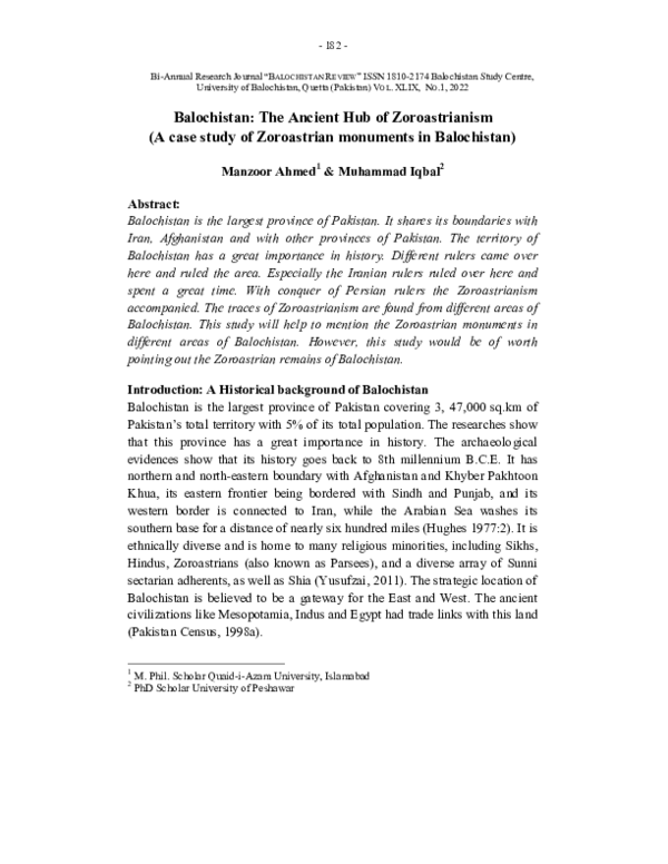 (PDF) Balochistan: The Ancient Hub of Zoroastrianism (A case study of ...