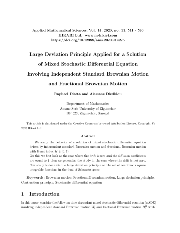 (PDF) Large deviation principle applied for a solution of mixed stochastic differential equation ...