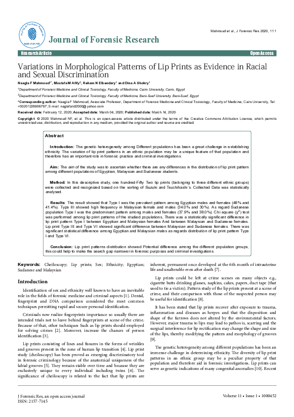 (PDF) Variations in Morphological Patterns of Lip Prints as Evidence in Racial and Sexual ...