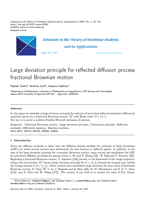 (PDF) Large Deviation Principle for Refleted Diffusion Process Fractional Brownian Motion