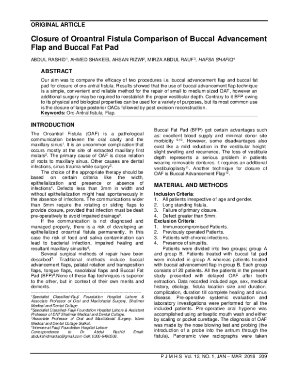 (PDF) Closure of Oroantral Fistula Comparison of Buccal Advancement ...