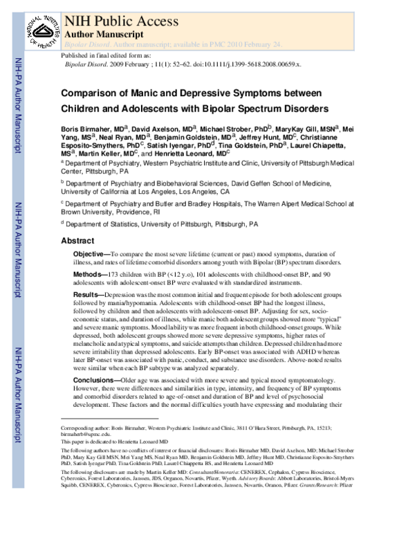 (PDF) Comparison of manic and depressive symptoms between children and ...