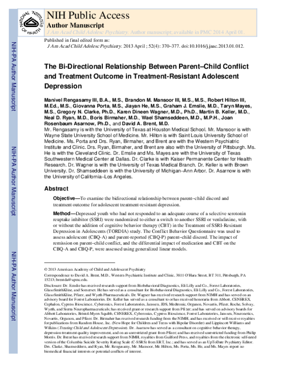 (PDF) The Bi-Directional Relationship Between Parent–Child Conflict and Treatment Outcome in ...