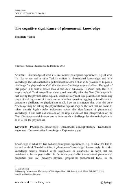 (PDF) The cognitive significance of phenomenal knowledge