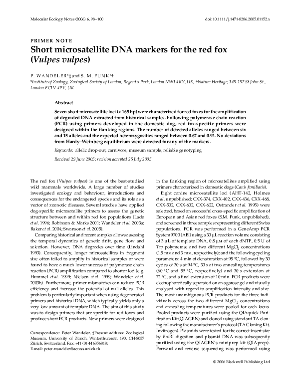 (PDF) Short microsatellite DNA markers for the red fox (Vulpes vulpes)