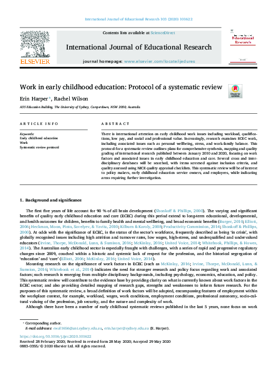 (PDF) Work in early childhood education: Protocol of a systematic review
