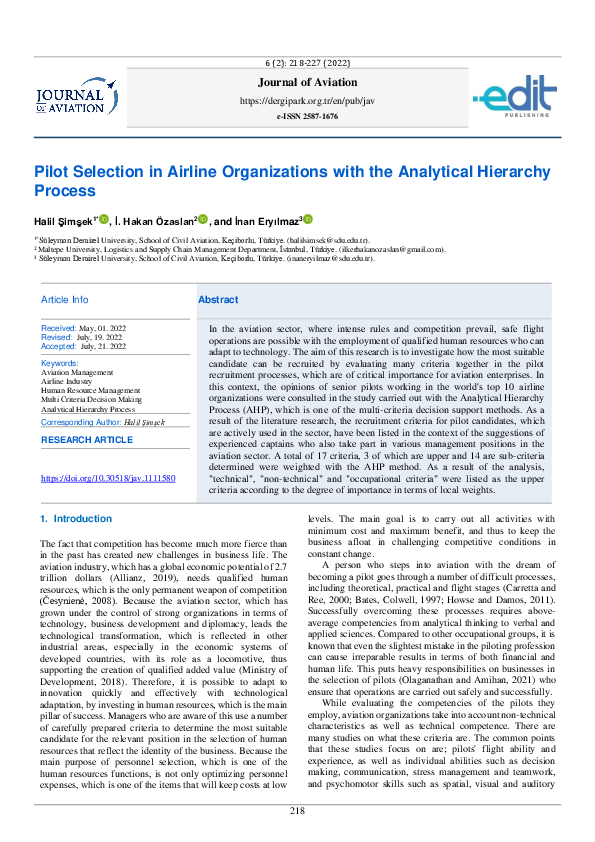 (PDF) Pilot Selection in Airline Organizations with the Analytical Hierarchy Process