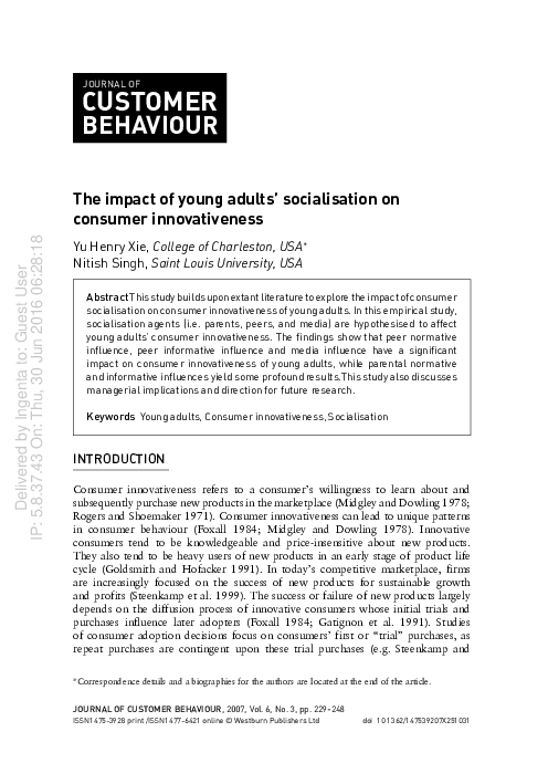 (PDF) The impact of young adults' socialisation on consumer innovativeness