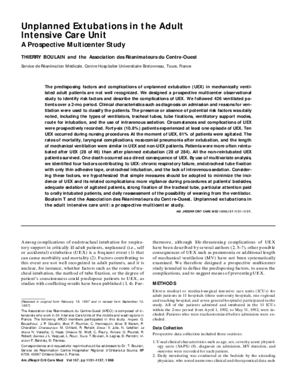 (PDF) Unplanned Extubations in the Adult Intensive Care Unit