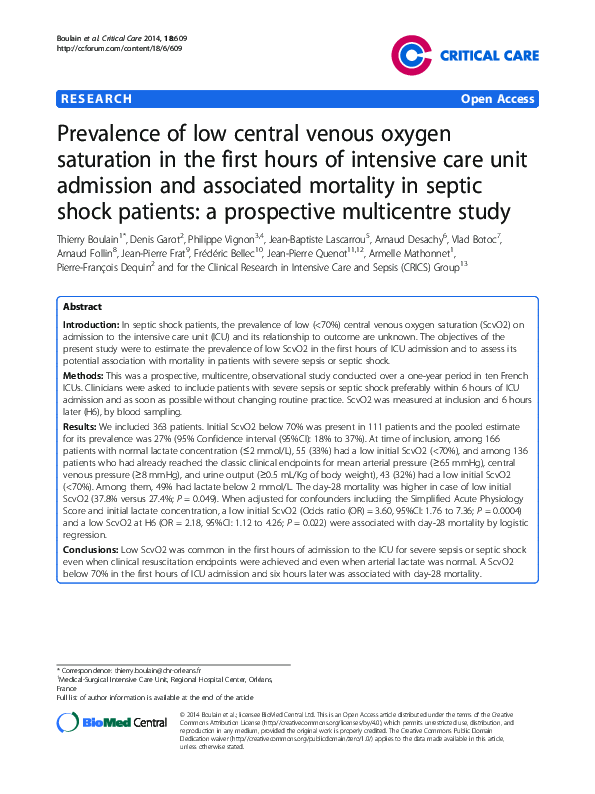 (PDF) Prevalence of low central venous oxygen saturation in the first ...