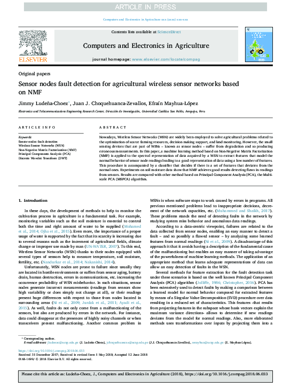 (PDF) Sensor nodes fault detection for agricultural wireless sensor networks based on NMF