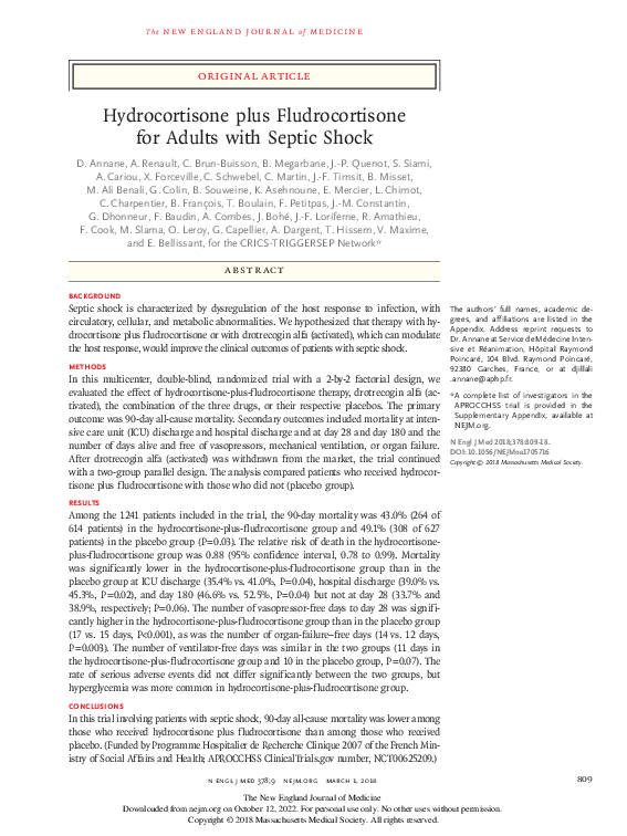 (PDF) Hydrocortisone plus Fludrocortisone for Adults with Septic Shock