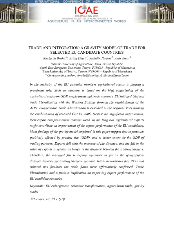 (PDF) Trade and Integration: A Gravity Model of Trade for Selected EU ...