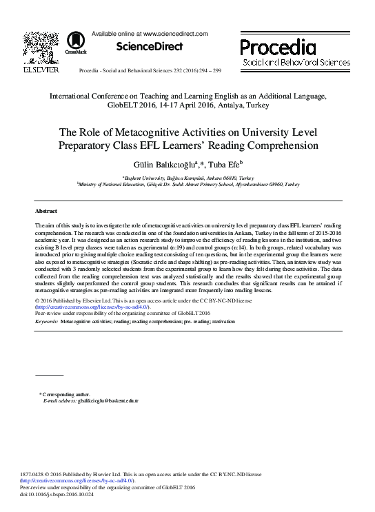 Pdf The Role Of Metacognitive Activities On University Level Preparatory Class Efl Learners
