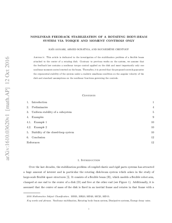 (PDF) Nonlinear feedback stabilization of a rotating body-beam system via torque and moment ...