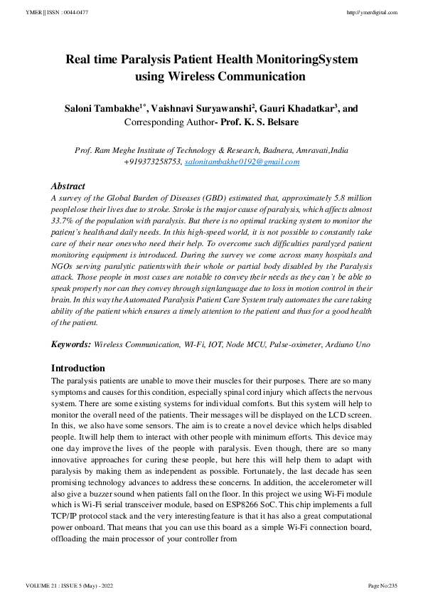 (PDF) Real time Paralysis Patient Health MonitoringSystem using Wireless Communication