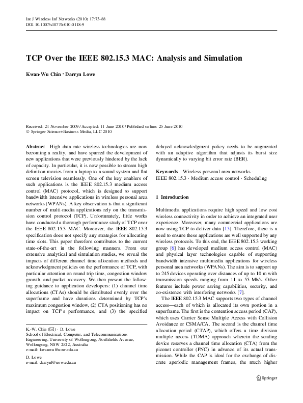 (PDF) TCP Over the IEEE 802.15.3 MAC: Analysis and Simulation