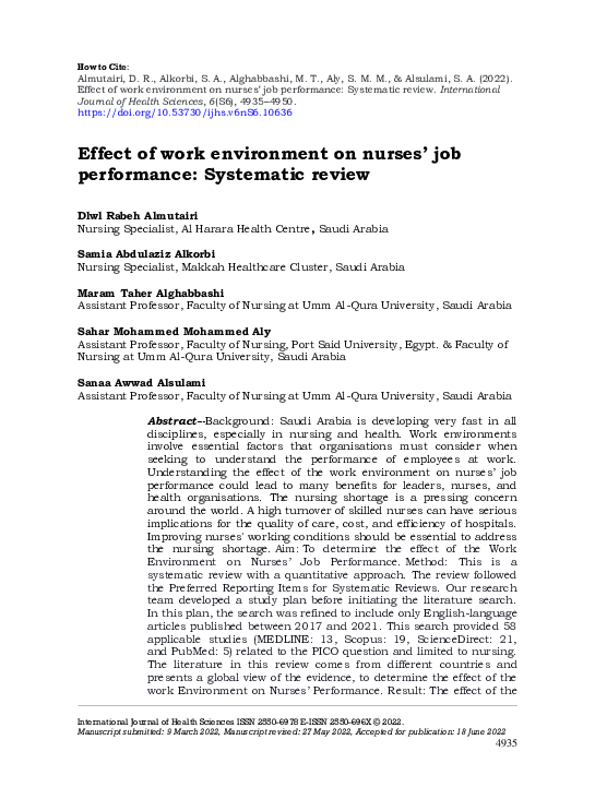 (PDF) Effect of work environment on nurses’ job performance: Systematic ...