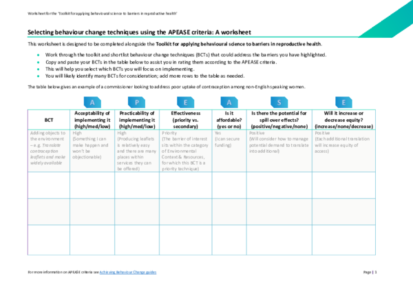 (PDF) Worksheet for the ‘Toolkit for applying behavioural science to ...