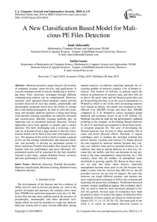 Pdf A New Classification Based Model For Malicious Pe Files Detection
