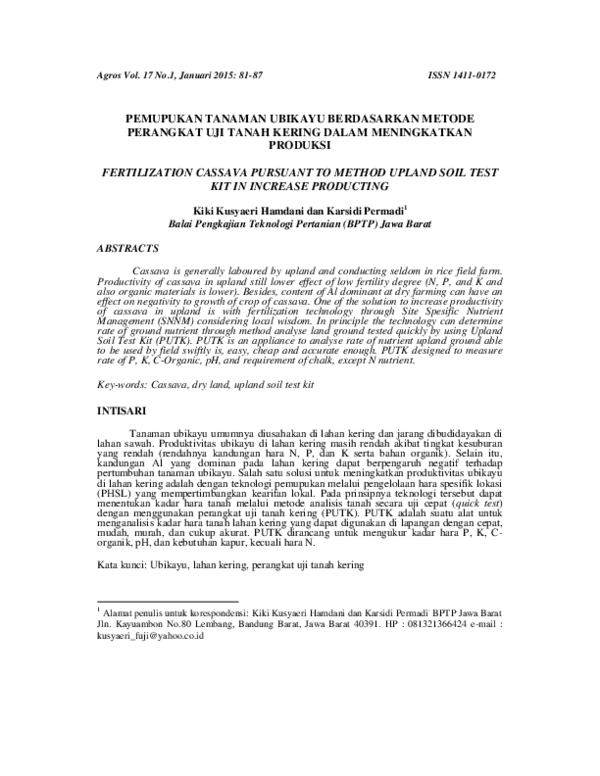 (PDF) Pemupukan Tanaman Ubikayu Berdasarkan Metode Perangkat Uji Tanah Kering Dalam Meningkatkan ...