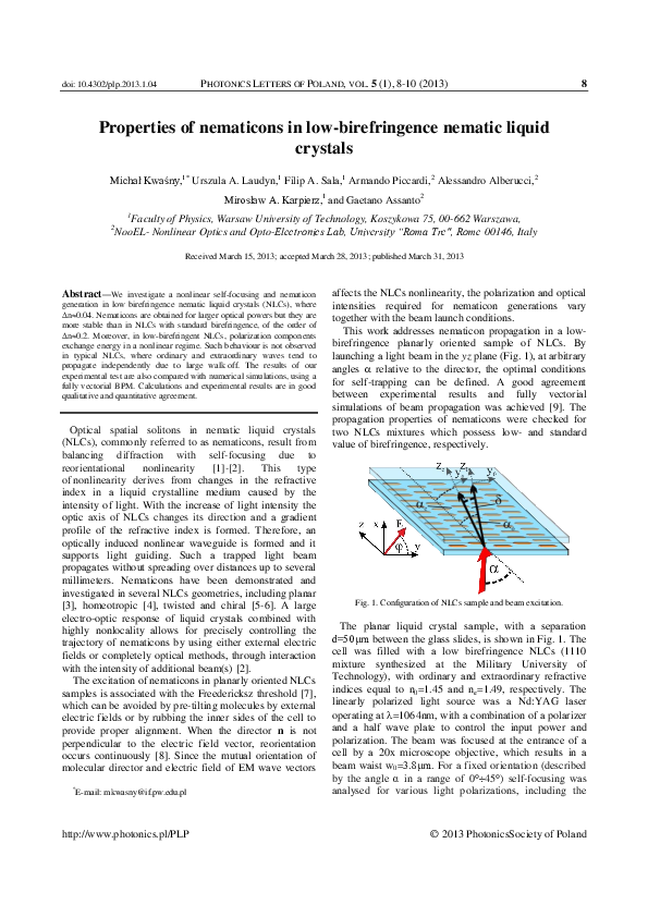 (PDF) Properties of nematicons in low-birefringence nematic liquid crystals