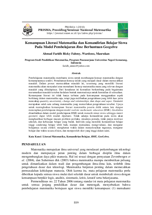 (PDF) Kemampuan Literasi Matematika dan Kemandirian Belajar Siswa Pada Model Pembelajaran Rme ...