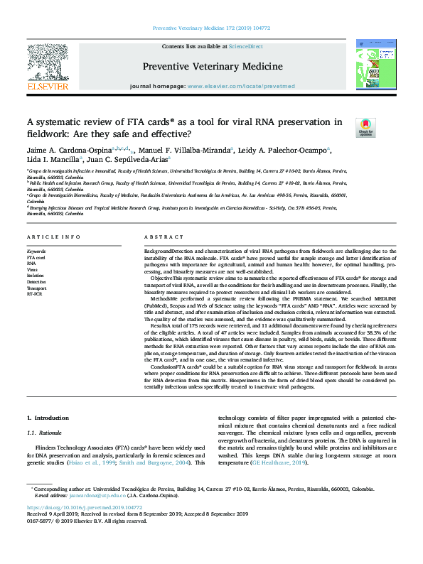 (PDF) A systematic review of FTA cards® as a tool for viral RNA ...