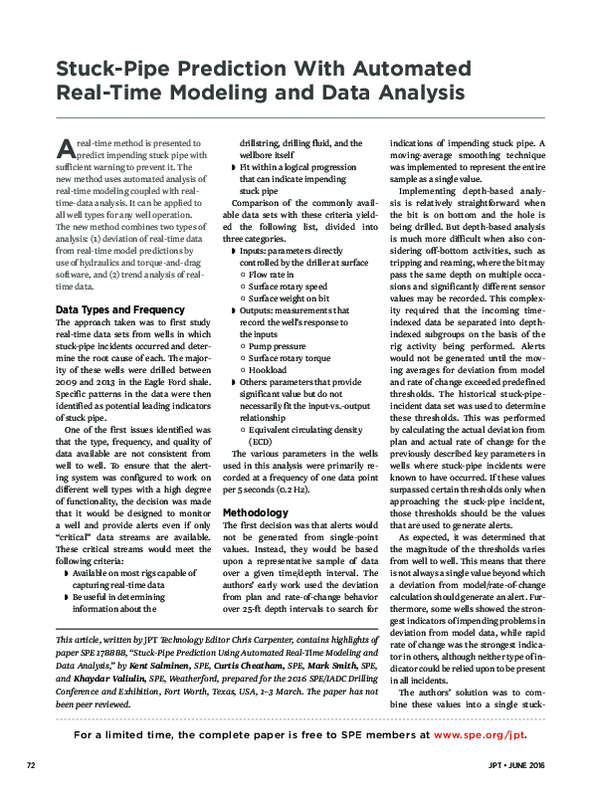 Pdf Stuck Pipe Prediction With Automated Real Time Modeling And Data Analysis