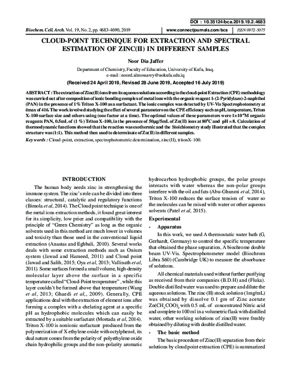 Pdf Cloud Point Technique For Extraction And Spectral Estimation Of Zincii In Different Samples
