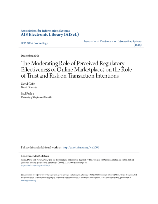 Pdf The Moderating Role Of Perceived Regulatory Effectiveness Of Online Marketplaces On The