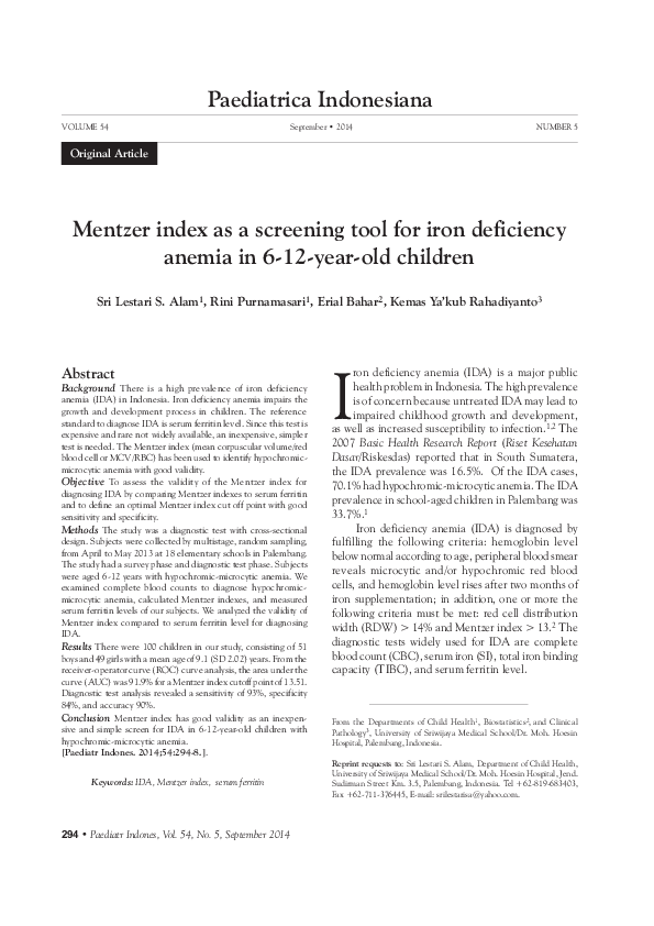 (PDF) Mentzer index as a screening tool for iron deficiency anemia in 6 ...