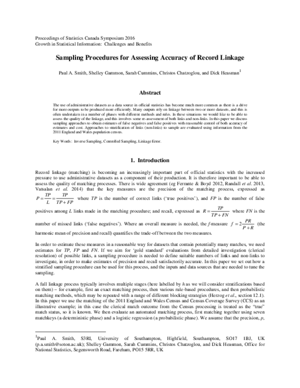 (PDF) Sampling procedures for assessing accuracy of record linkage