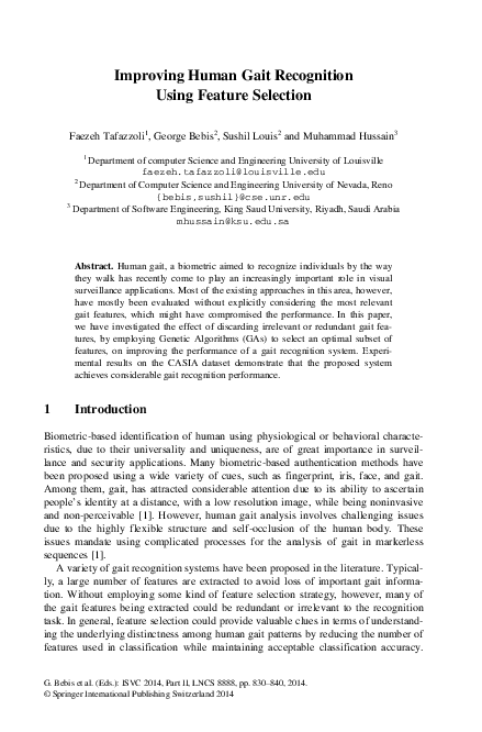 Pdf Improving Human Gait Recognition Using Feature Selection