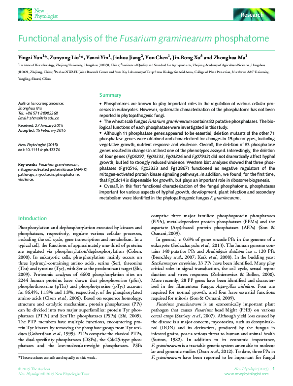 (PDF) Functional analysis of the Fusarium graminearum phosphatome