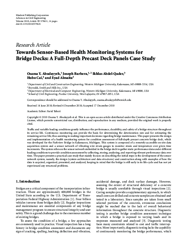 (PDF) Towards Sensor-Based Health Monitoring Systems for Bridge Decks: A Full-Depth Precast Deck ...