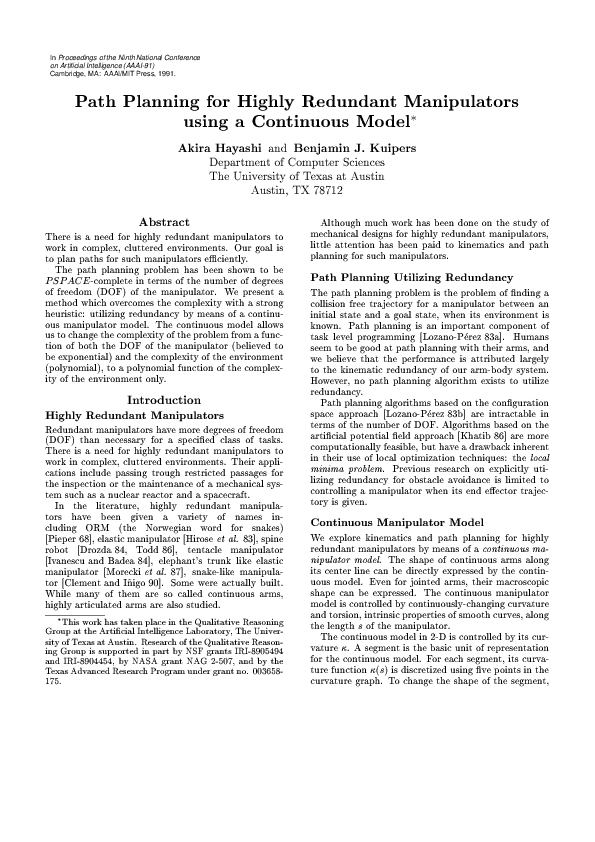 (PDF) Path planning for highly redundant manipulators using a continuous model