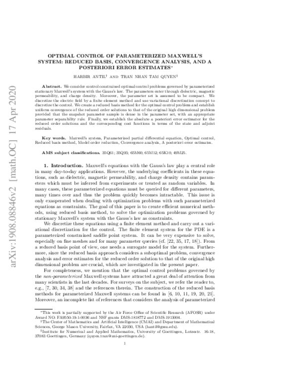 Pdf Optimal Control Of Parameterized Maxwells System Reduced Basis Convergence Analysis