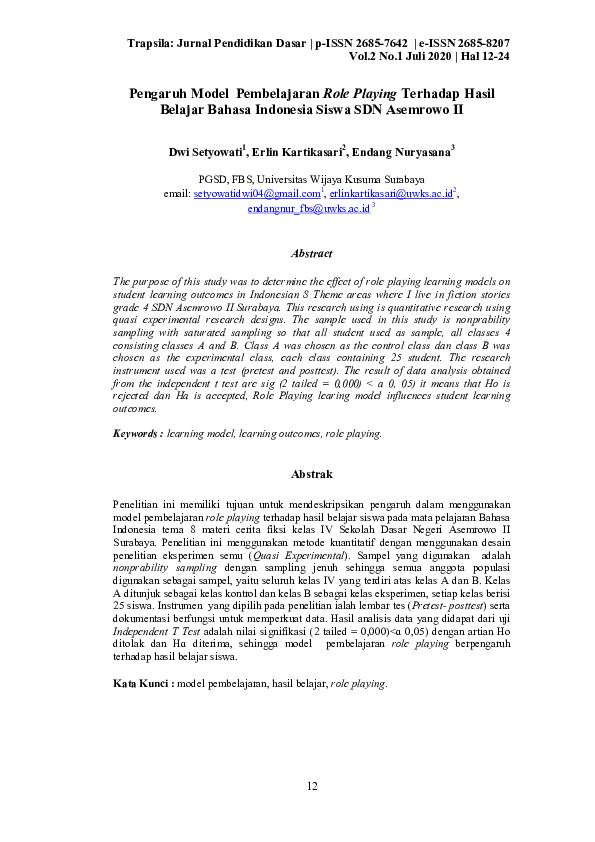 (PDF) Pengaruh Model Pembelajaran Role Playing Terhadap Hasil Belajar Bahasa Indonesia Siswa SDN ...