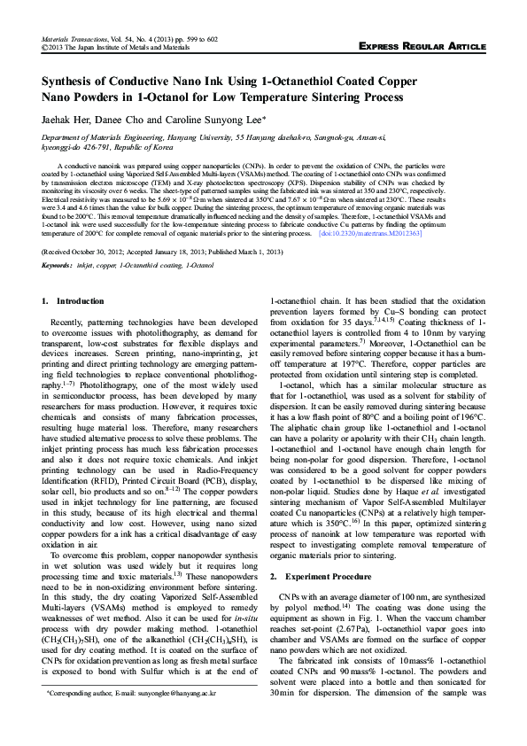 (PDF) Synthesis of Conductive Nano Ink Using 1-Octanethiol Coated Copper Nano Powders in 1 ...