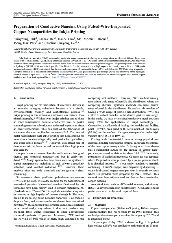 (PDF) Preparation of Conductive Nanoink Using Pulsed-Wire-Evaporated ...