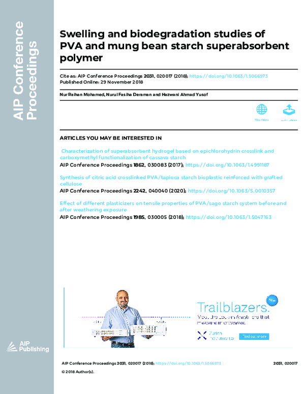 (PDF) Swelling and biodegradation studies of PVA and mung bean starch superabsorbent polymer